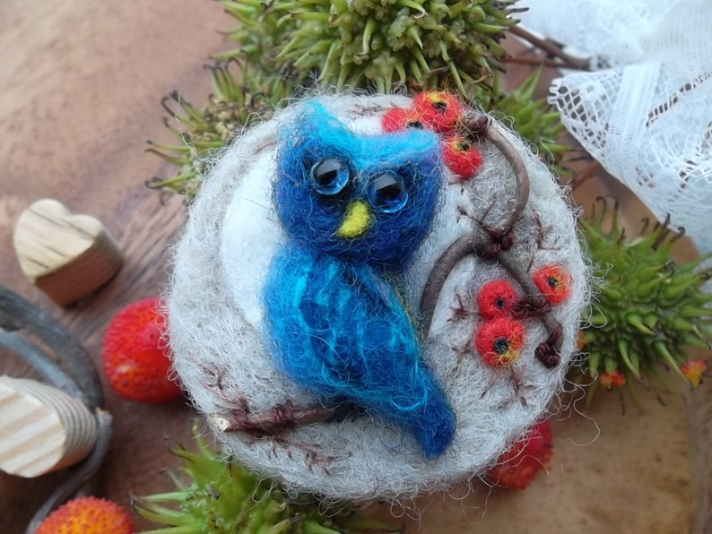 Needle Felted Owl Brooch Blue Bird Pin Wool Felt Animal | Etsy