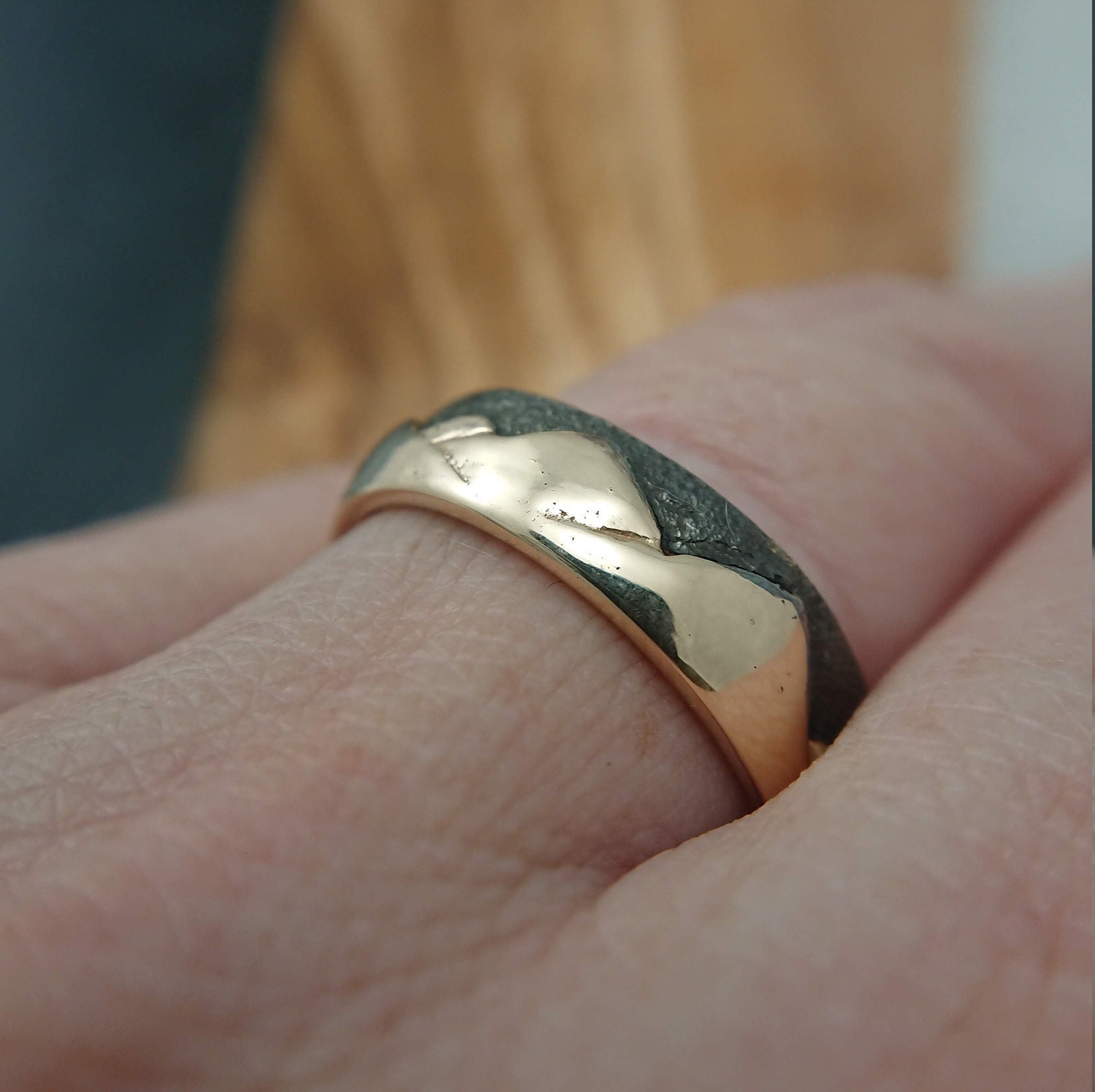 Custom Carved Gold Mountain Wedding Ring with Black Rhodium | Etsy