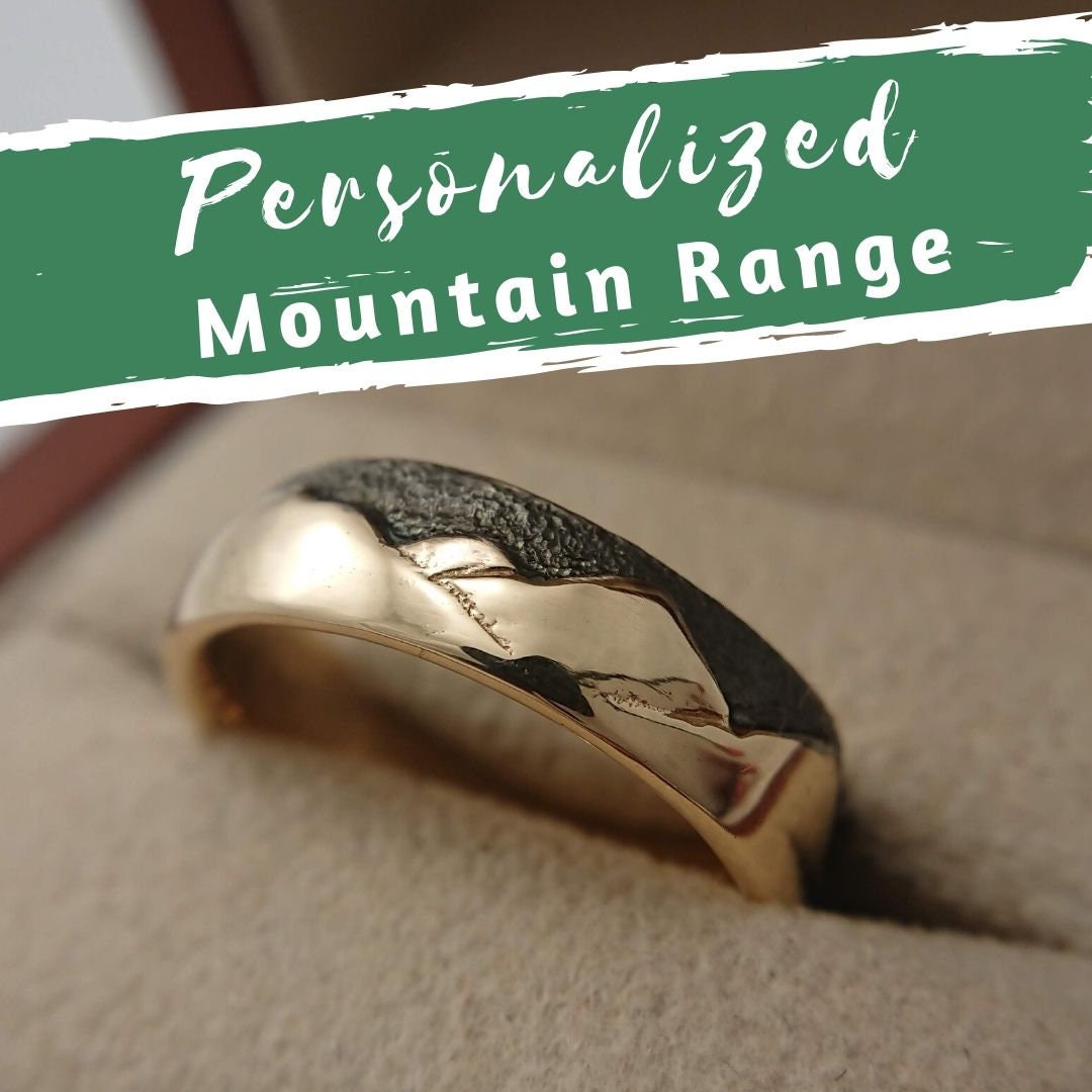 Custom Carved Gold Mountain Wedding Ring With Black Rhodium - Etsy