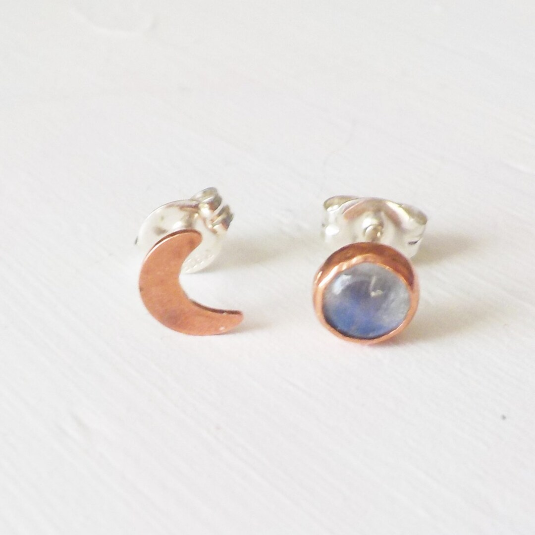 Half Moon and Moonstone Studs, Celestial Studs, Mismatched Studs, Multi ...