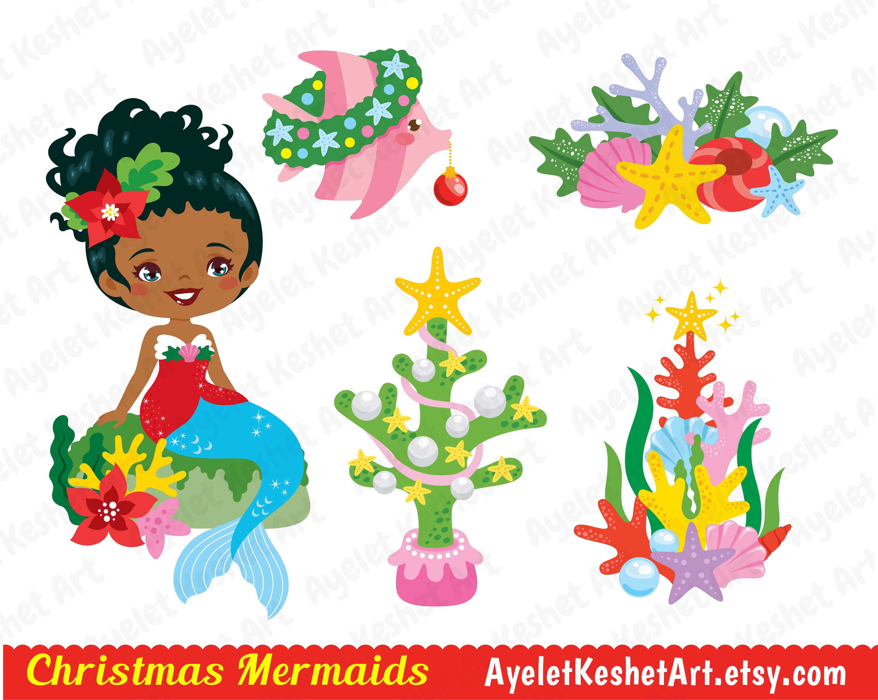 Christmas Mermaid Clipart. Cute Mermaids Sea Creatures and - Etsy