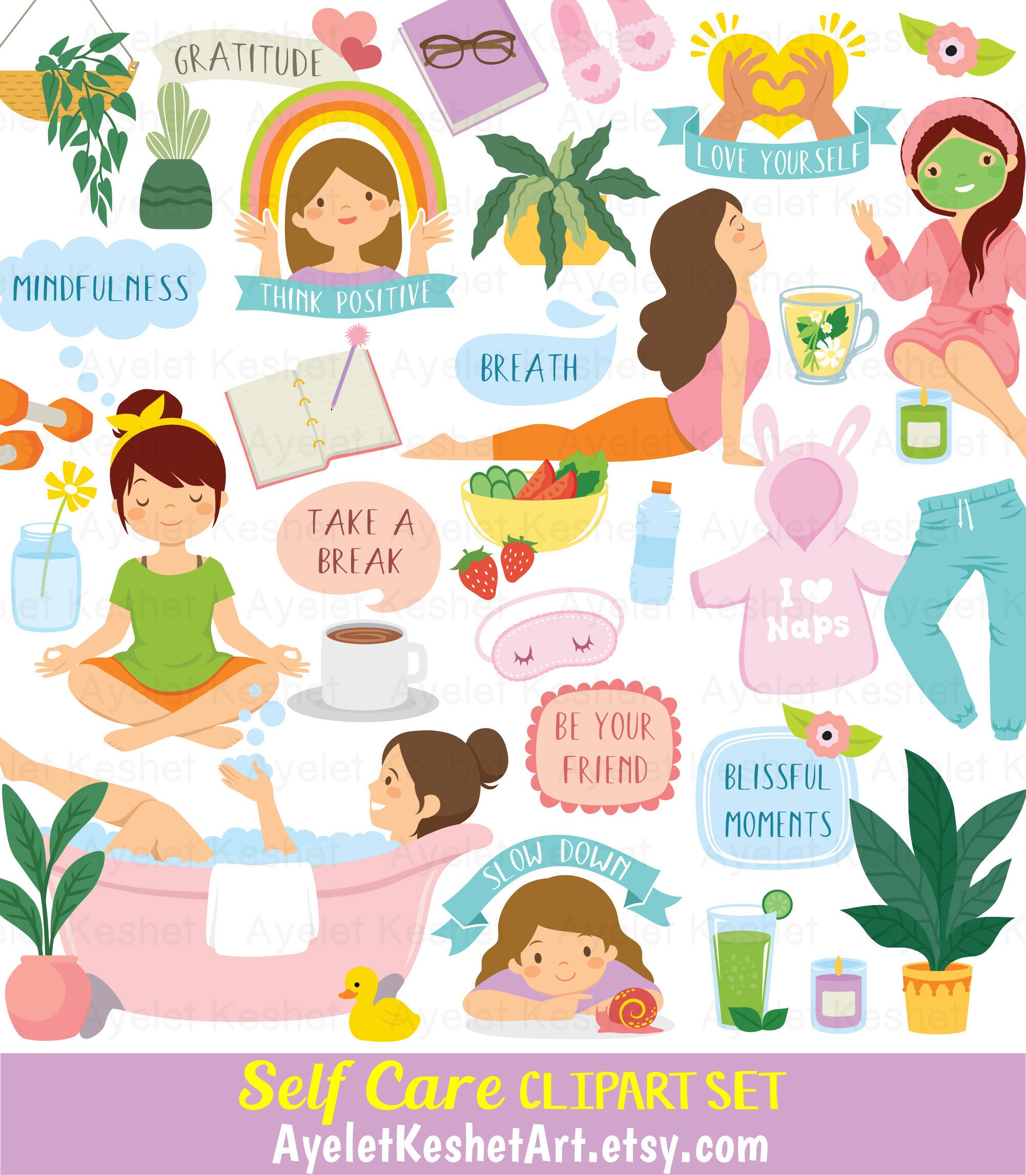 Self care clipart set. Cute clipart bundle of wellbeing and | Etsy