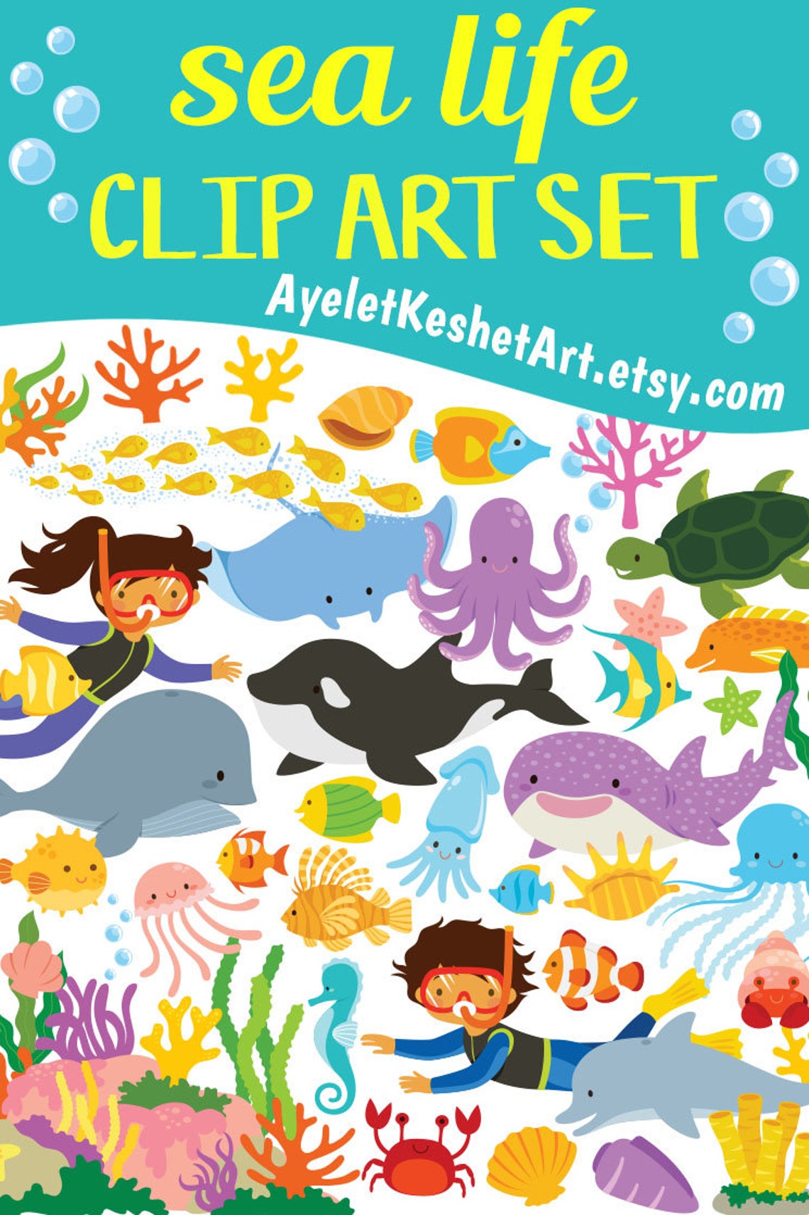 Sea Life Clipart Set. Ocean Animals and Summer Clipart Bundle - Etsy Israel