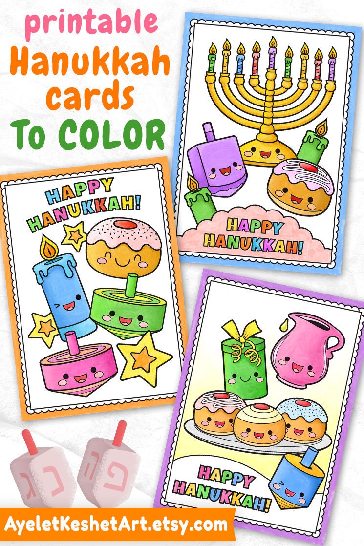 Hanukkah Cards to Color. 3 Coloring Pages of Happy Hanukkah Card. Cute ...