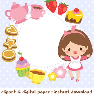 Digital Clip Art Set and Digital Paper - Cute Tea Party. Kawaii Clip ...