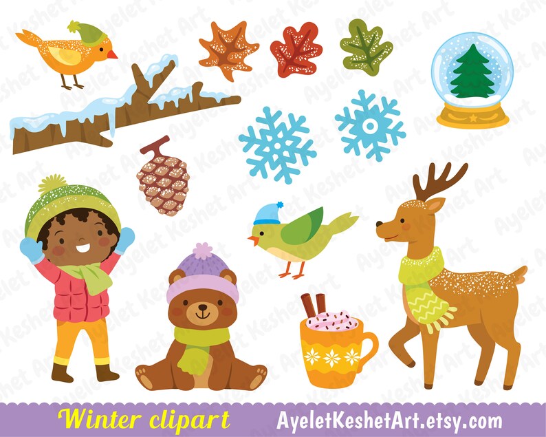 Winter Clipart Set - Cute Kids, Woodland Animals, Snow and Everything ...