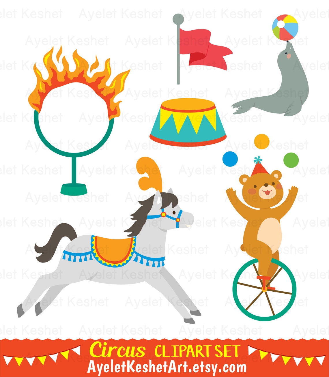Circus Clipart Set. Cute Illustrations of Circus Animals, People and ...