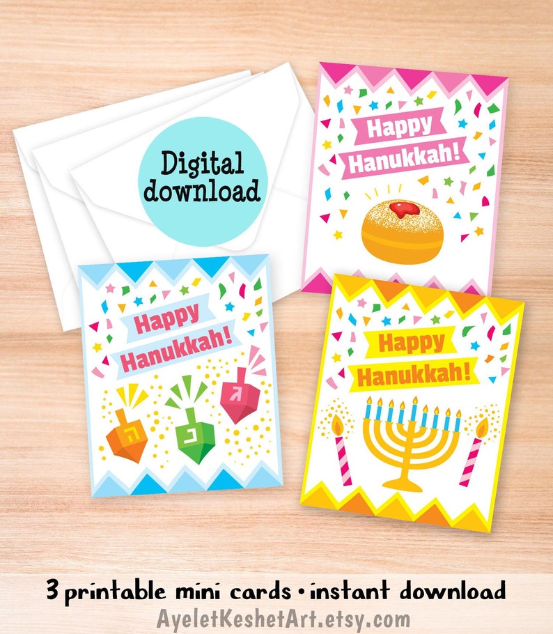 Printable Happy Hanukkah Cards. Set of 3 Mini Cards & Envelope - Etsy