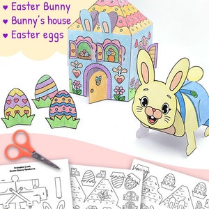 Easter Bunny Paper Craft With a House and Easter Eggs. Printable Easter ...