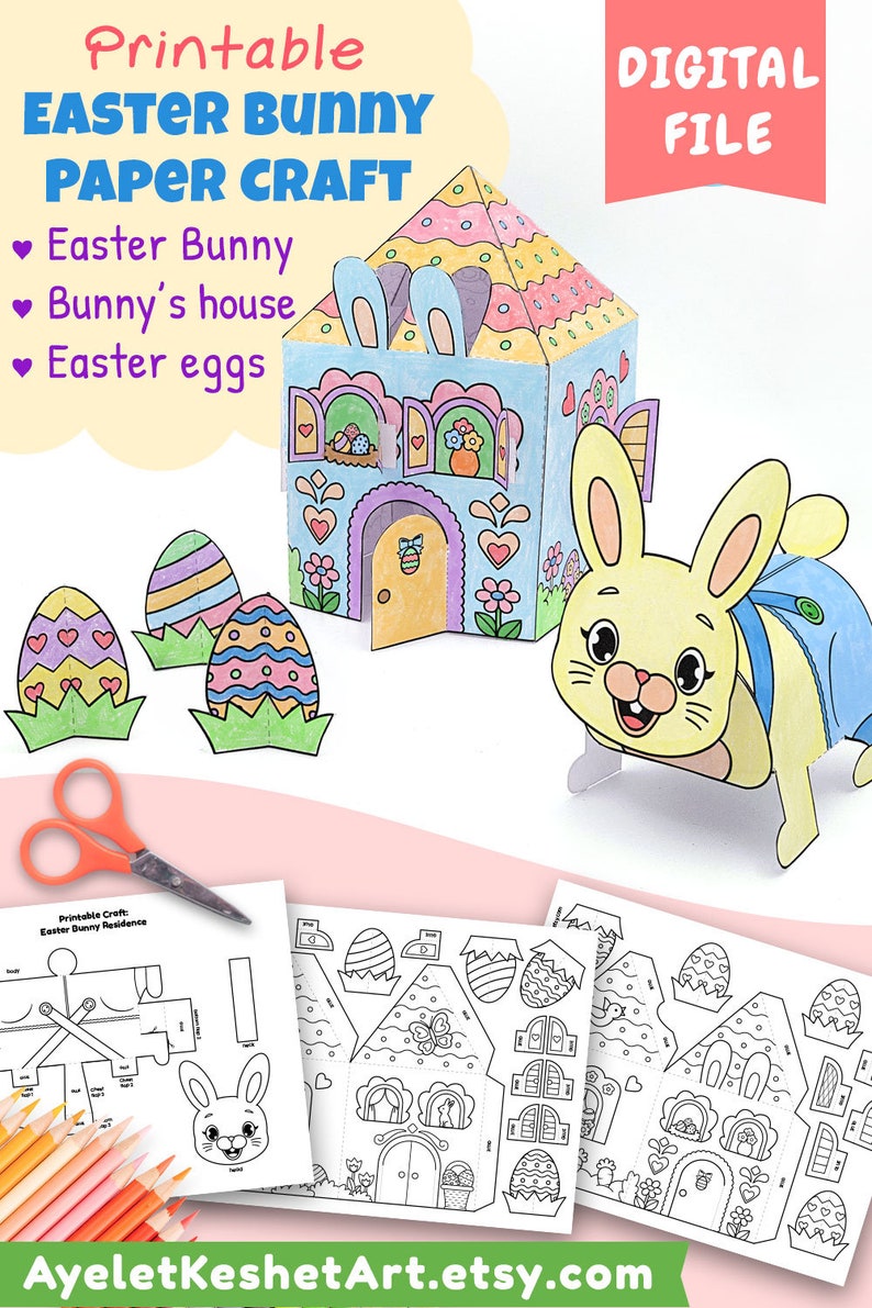 Easter Bunny Paper Craft With a House and Easter Eggs. Printable Easter ...