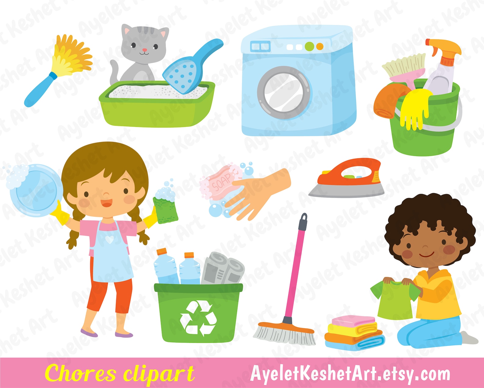 Chores Clipart Set With Icons of Housework and Responsibilities for ...