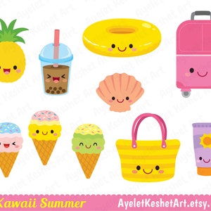 Summer Clipart Set With Cute Kawaii Cartoon Characters. 34 Digital ...