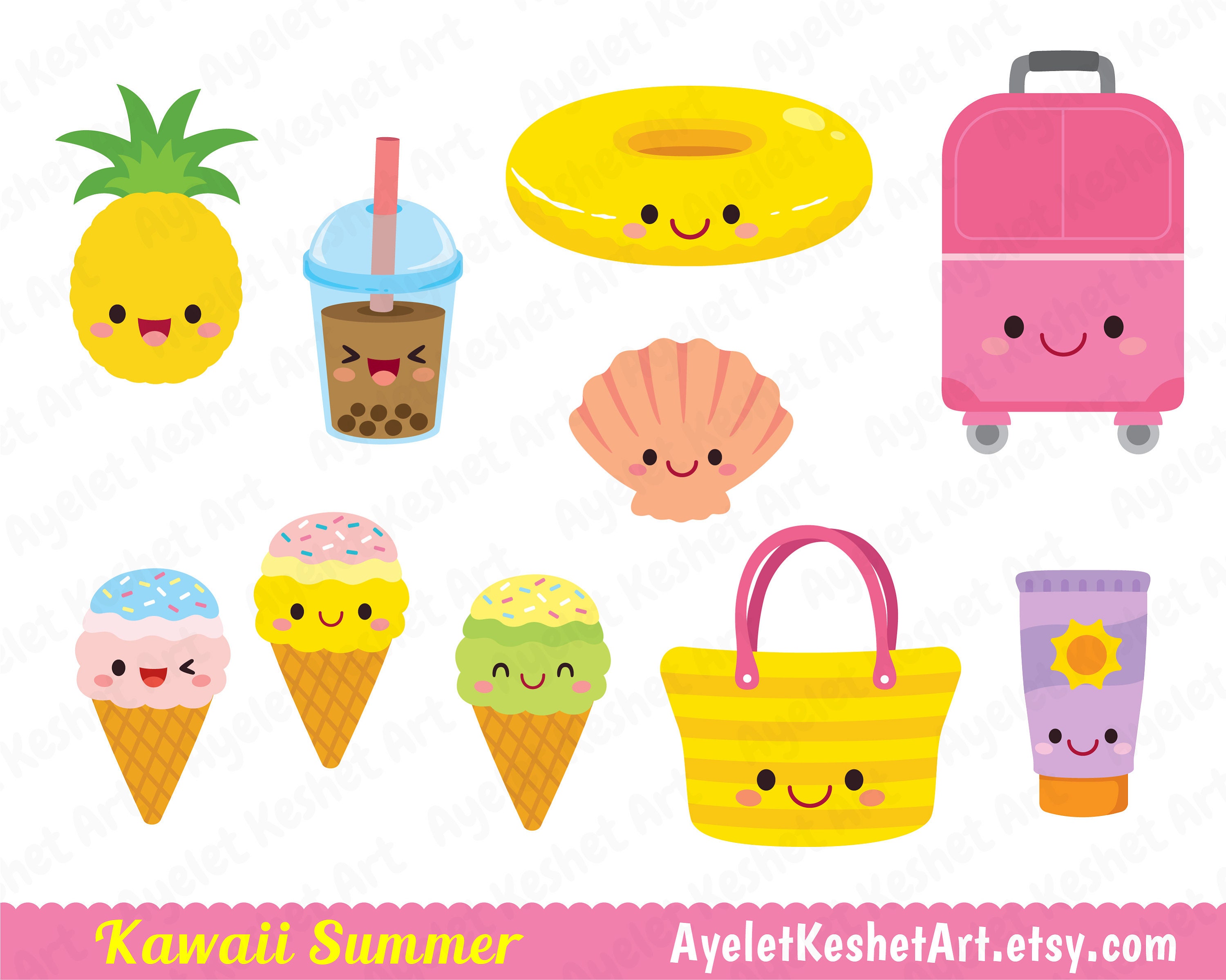 Summer Clipart Set With Cute Kawaii Cartoon Characters. 34 Digital ...