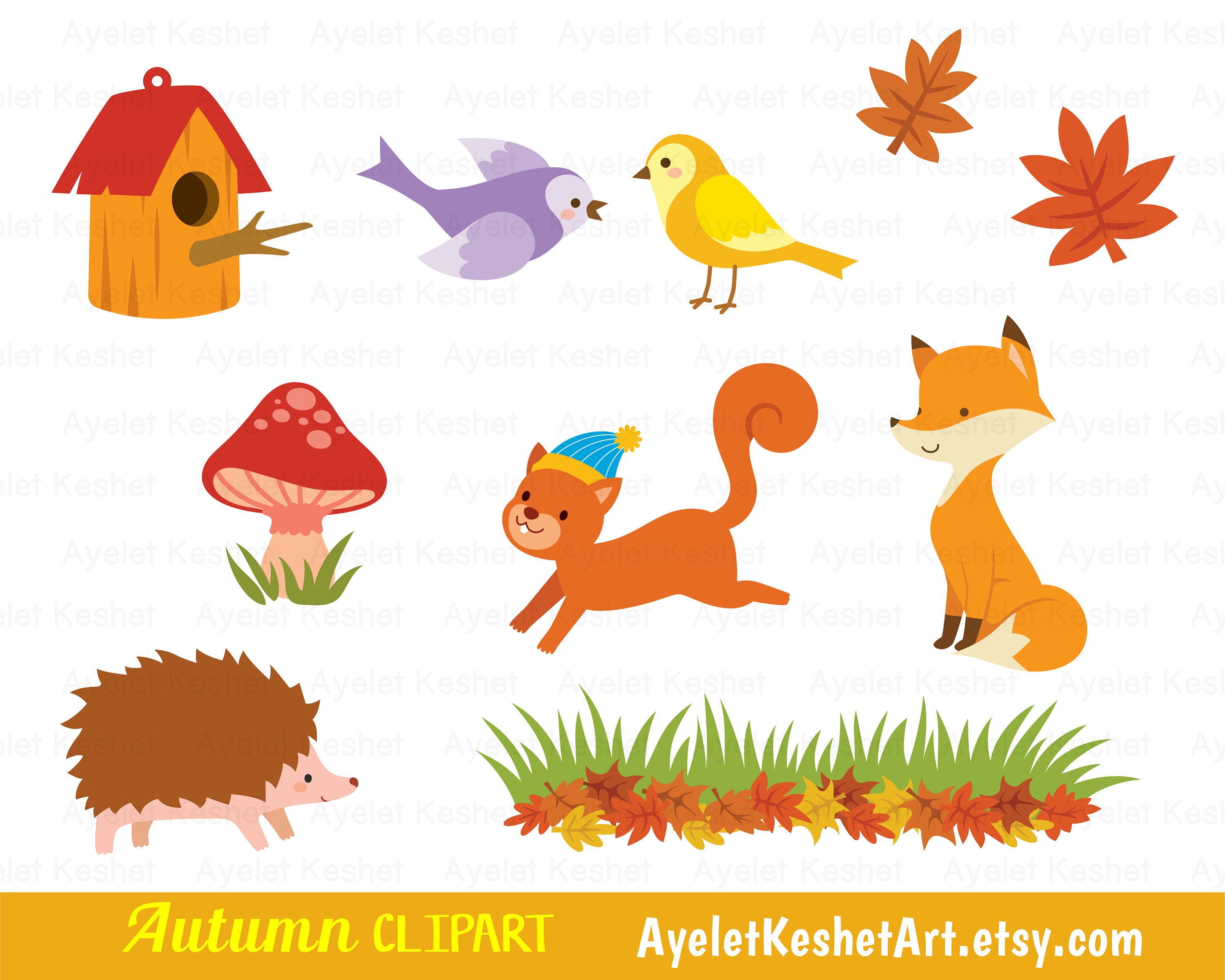 Cute fall clipart set with autumn leaves kids forest animals | Etsy