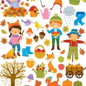 Cute Fall Clipart Set With Autumn Leaves, Kids, Forest Animals and ...