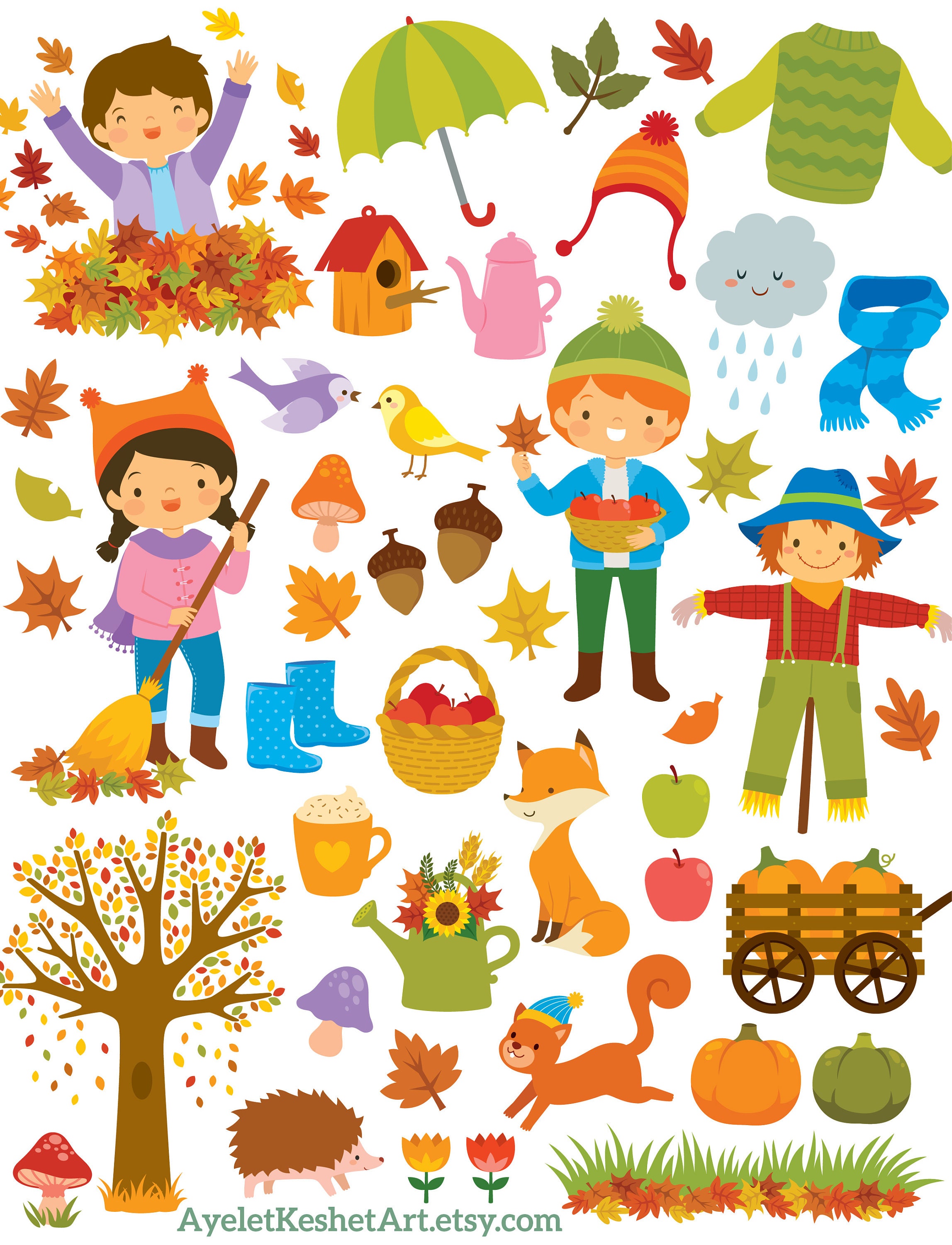 Cute fall clipart set with autumn leaves kids forest animals | Etsy
