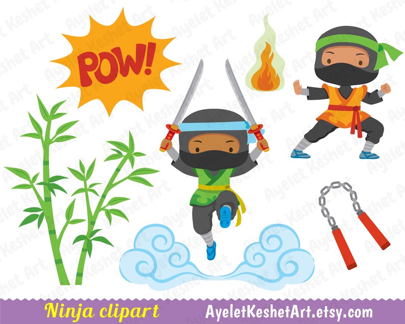 Ninja Clipart Set. Ninja Kids in Different Poses, Plus Icons of Japan ...