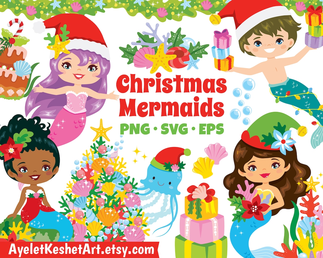 Christmas Mermaid Clipart. Cute Mermaids, Sea Creatures and Holiday ...