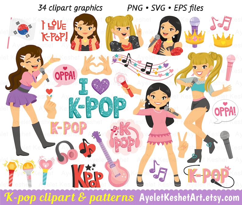 K-pop Clipart Bundle. Kpop or Korean Pop Symbols With Cute Idols. Plus ...