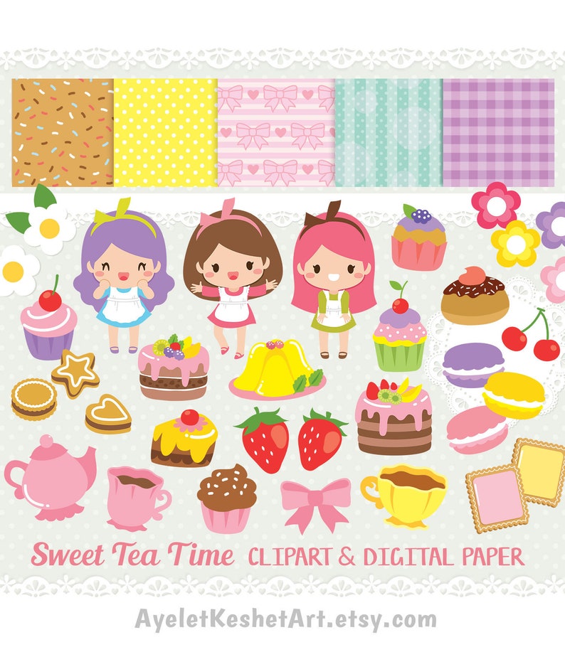 Digital Clip Art Set and Digital Paper Cute Tea Party. Kawaii Clip Art ...