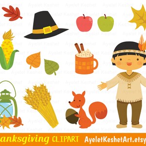 Thanksgiving Clipart Set With Natives and Pilgrims, Autumn Leaves ...