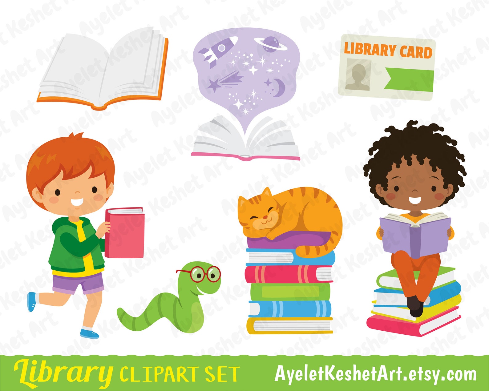 Book Clipart / Library Clipart Set. Kids Reading Books Clipart Bundle ...