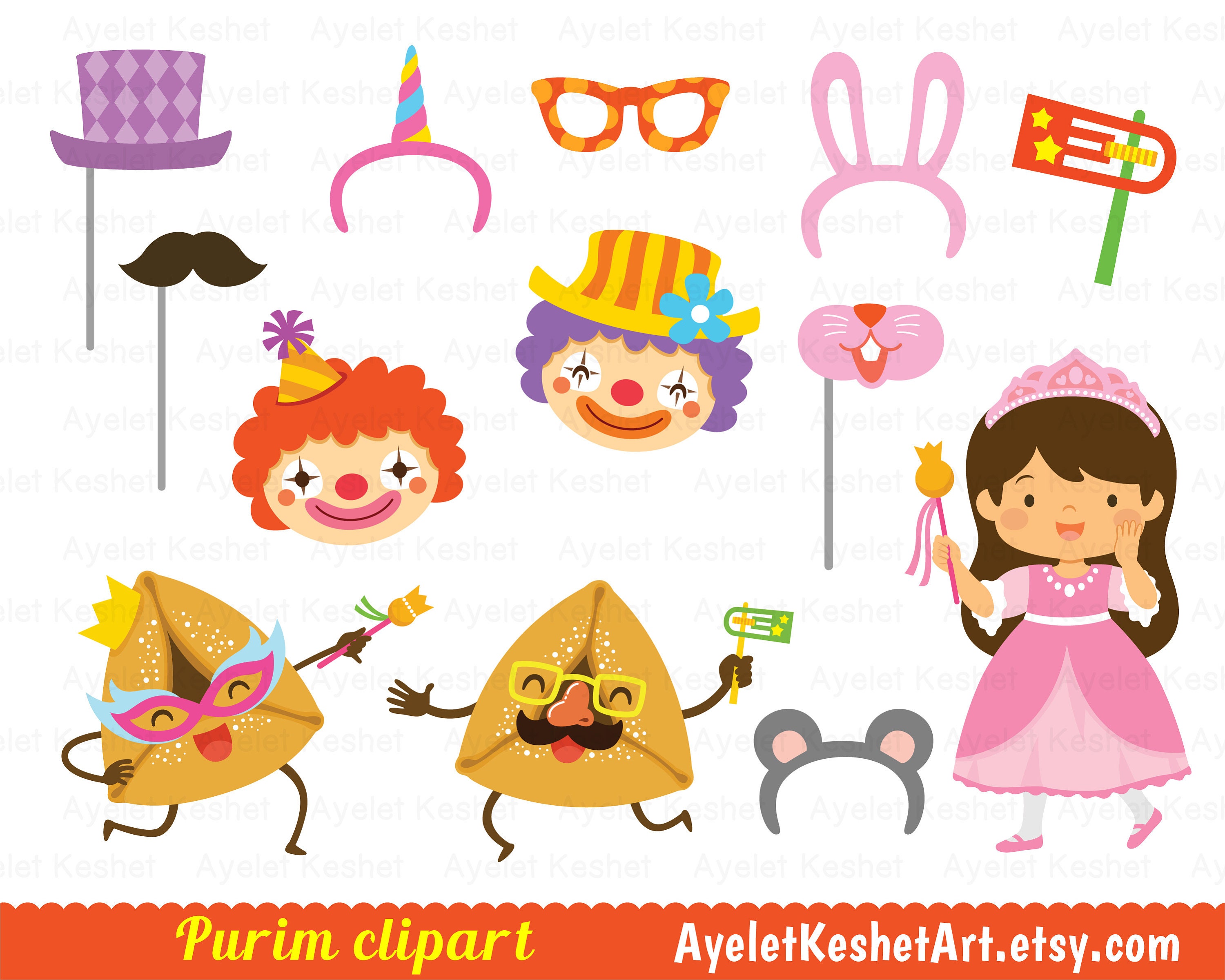Purim Clipart Bundle. Cute Cartoons With Purim Symbols and Kids, for ...