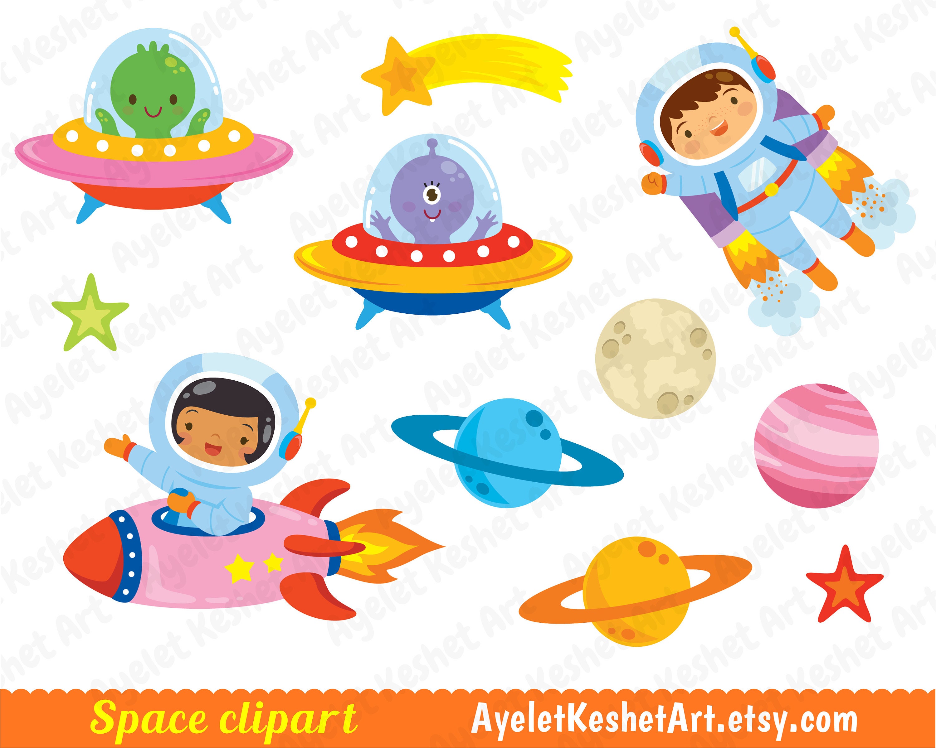 Outer Space Clipart Set. Cute Space Elements Spaceships, Aliens ...