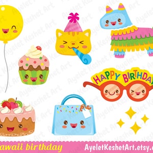 Kawaii Birthday Clipart Set. Cute Kawaii Characters of Birthday Party ...
