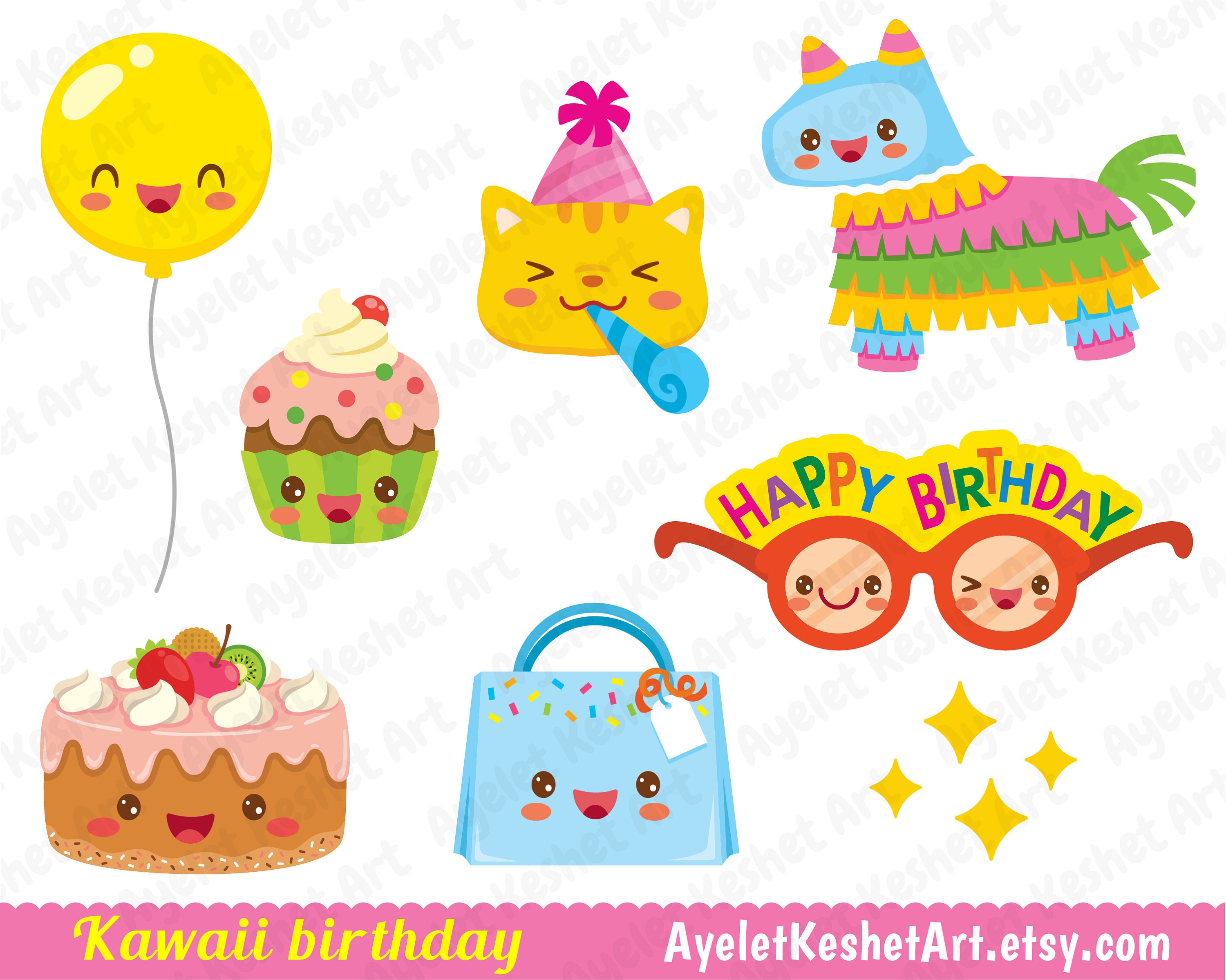Kawaii Birthday Clipart Set. Cute Kawaii Characters of - Etsy