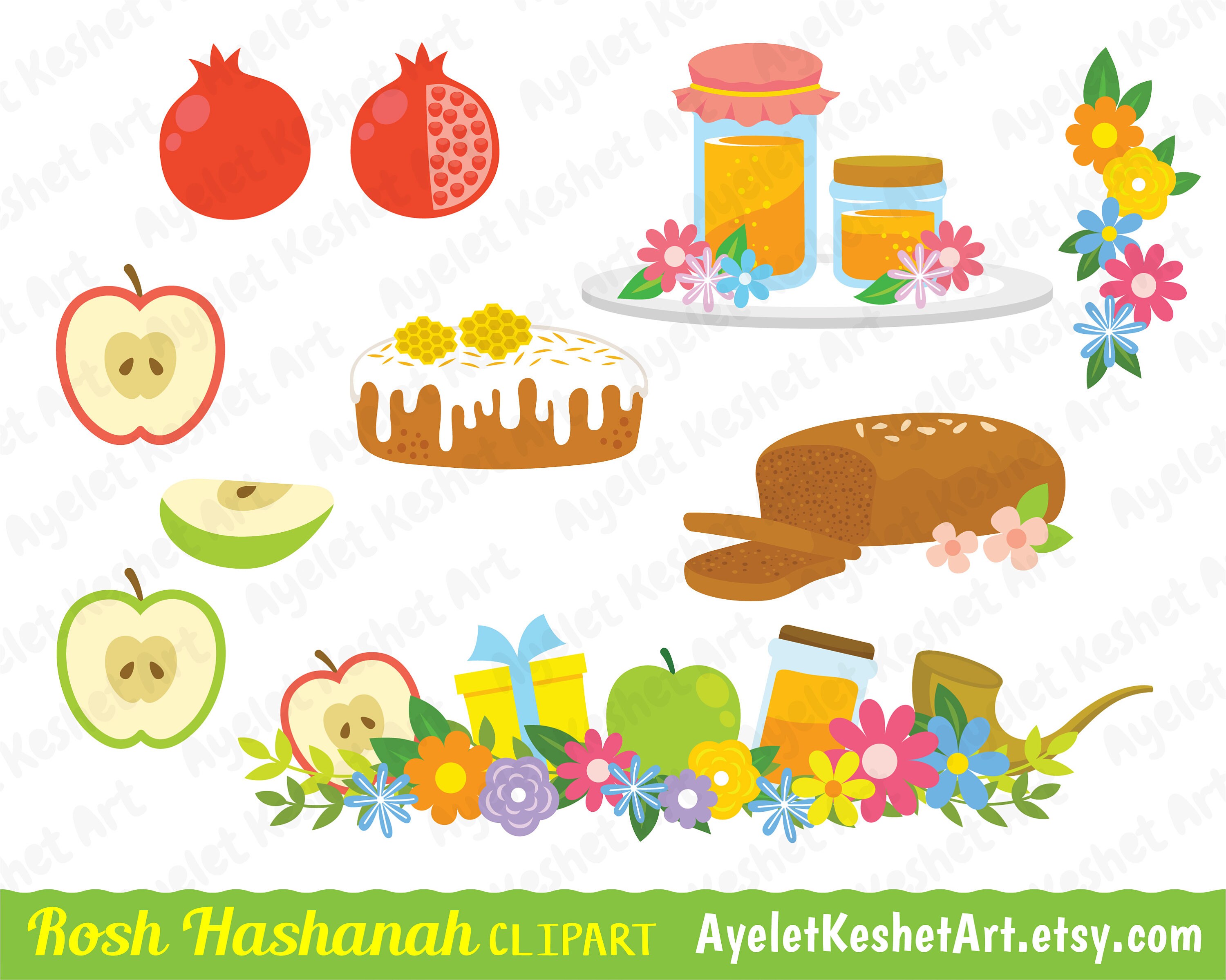 Rosh Hashanah Clipart Set. Apple and Honey, Pomegranate, Shofar and ...