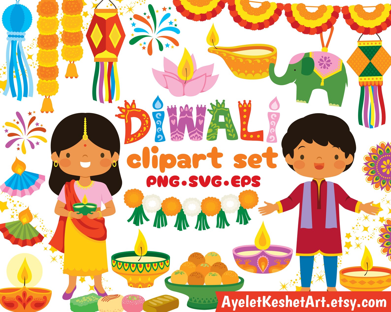 Diwali Clipart Set - Cute Graphics of the Indian Holiday Diwali ...