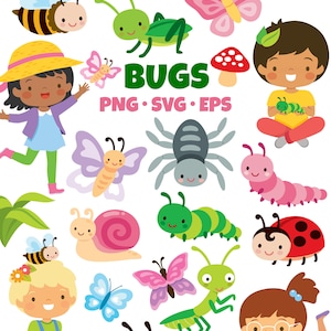 Bugs Clipart Set. Cute Bugs and Kids Enjoying Spring and Nature. SVG ...