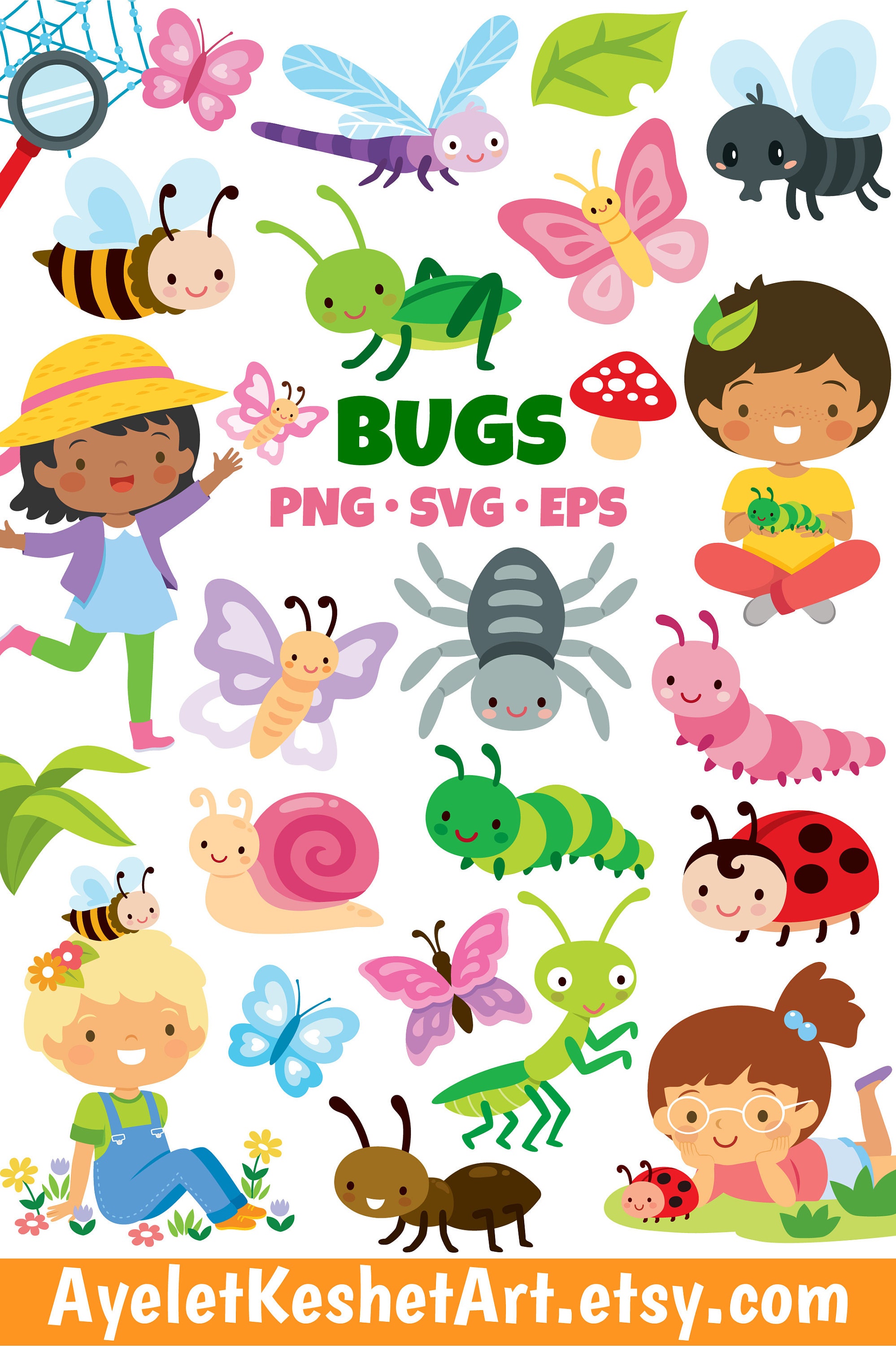 Bugs Clipart Set. Cute Bugs and Kids Enjoying Spring and Nature. SVG ...