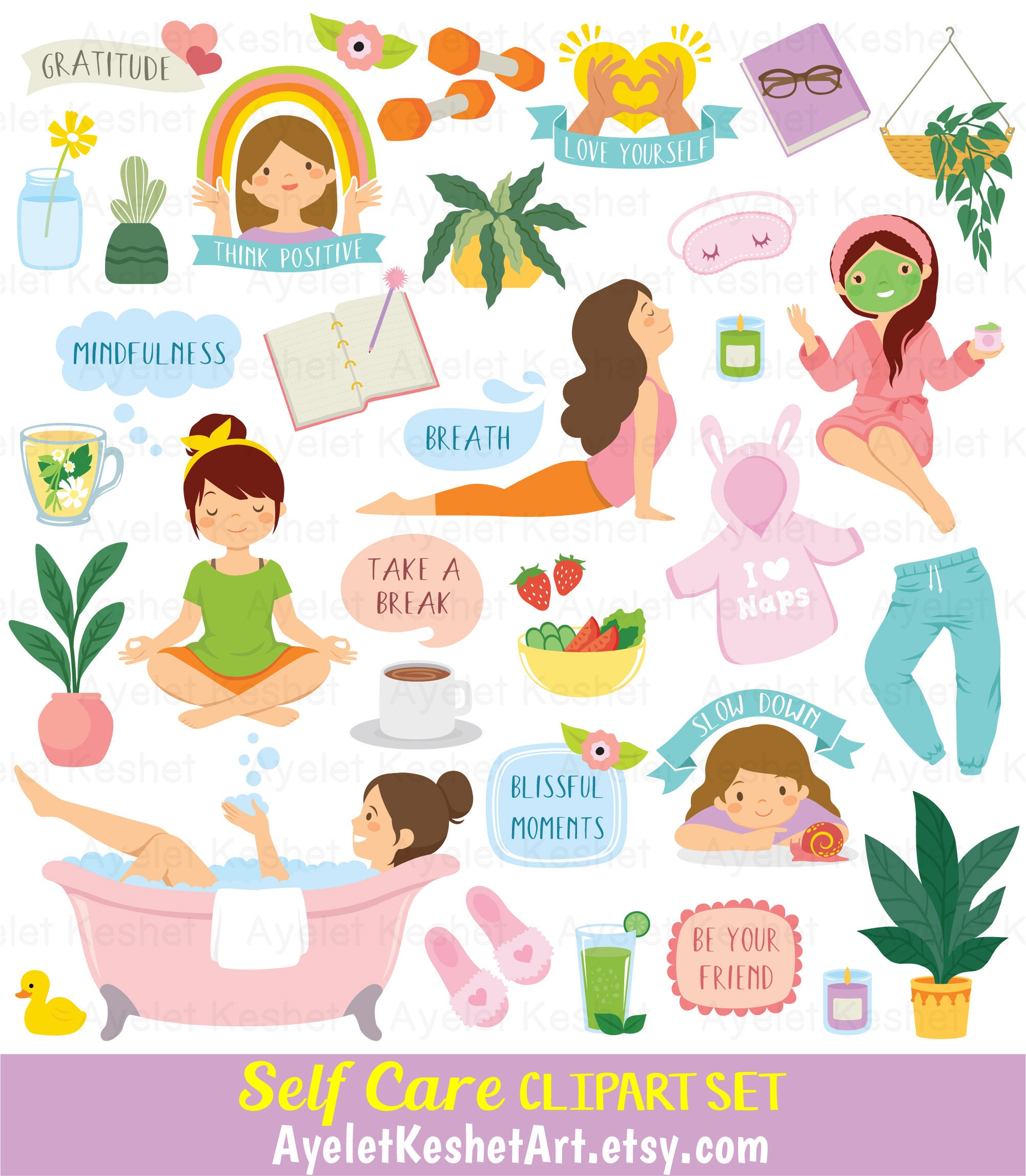 Self care clipart set. Cute clipart bundle of wellbeing and | Etsy
