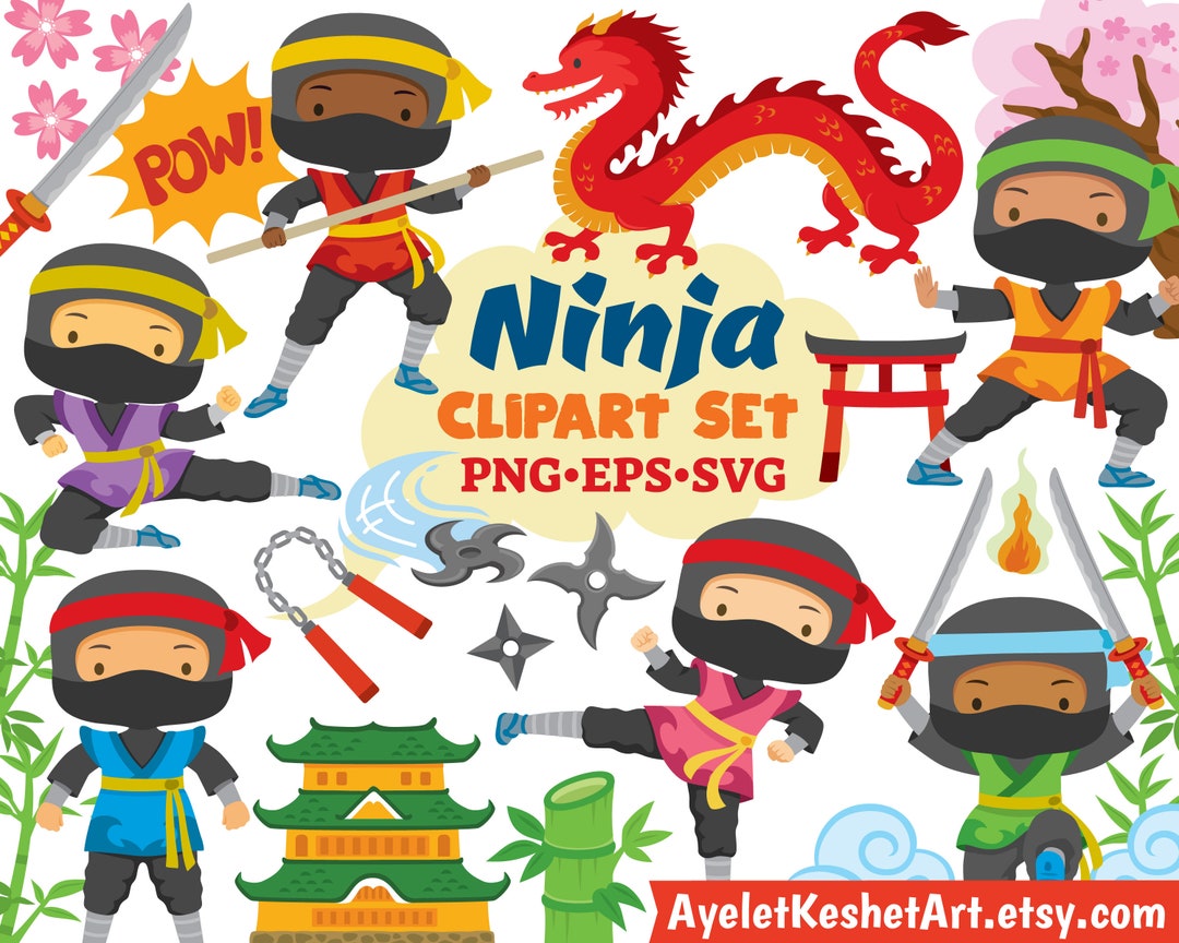 Ninja Clipart Set. Ninja Kids in Different Poses, Plus Icons of Japan ...