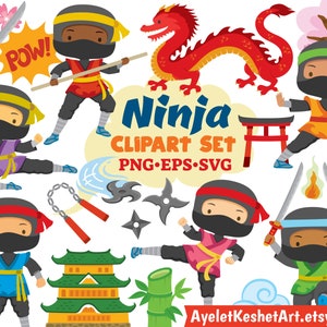 Ninja Clipart Set. Ninja Kids in Different Poses, Plus Icons of Japan ...