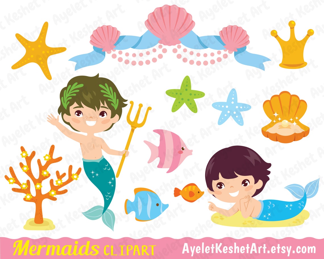 Mermaids Clipart Bundle. Cute Mermaids and Mermen in a Magical - Etsy