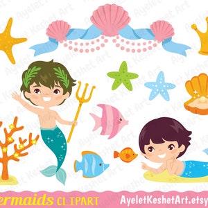 Mermaids Clipart Bundle. Cute Mermaids and Mermen in a Magical Sea ...
