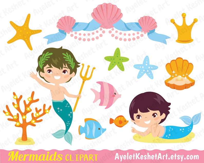 Mermaids Clipart Bundle. Cute Mermaids and Mermen in a Magical Sea ...