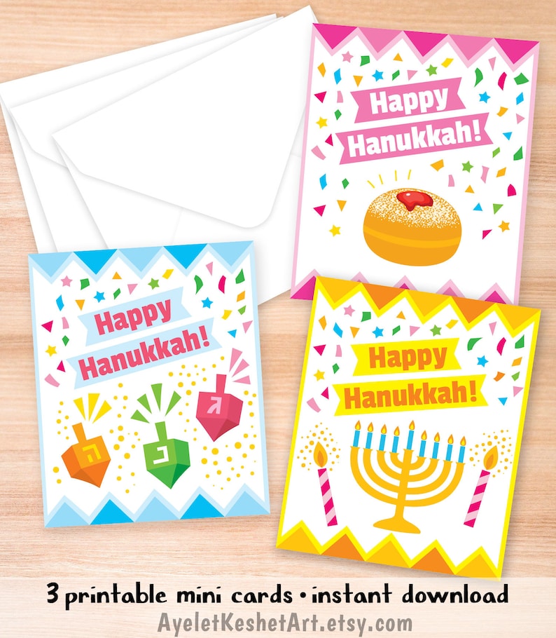 Printable Happy Hanukkah Cards. Set of 3 Mini Cards & Envelope - Etsy