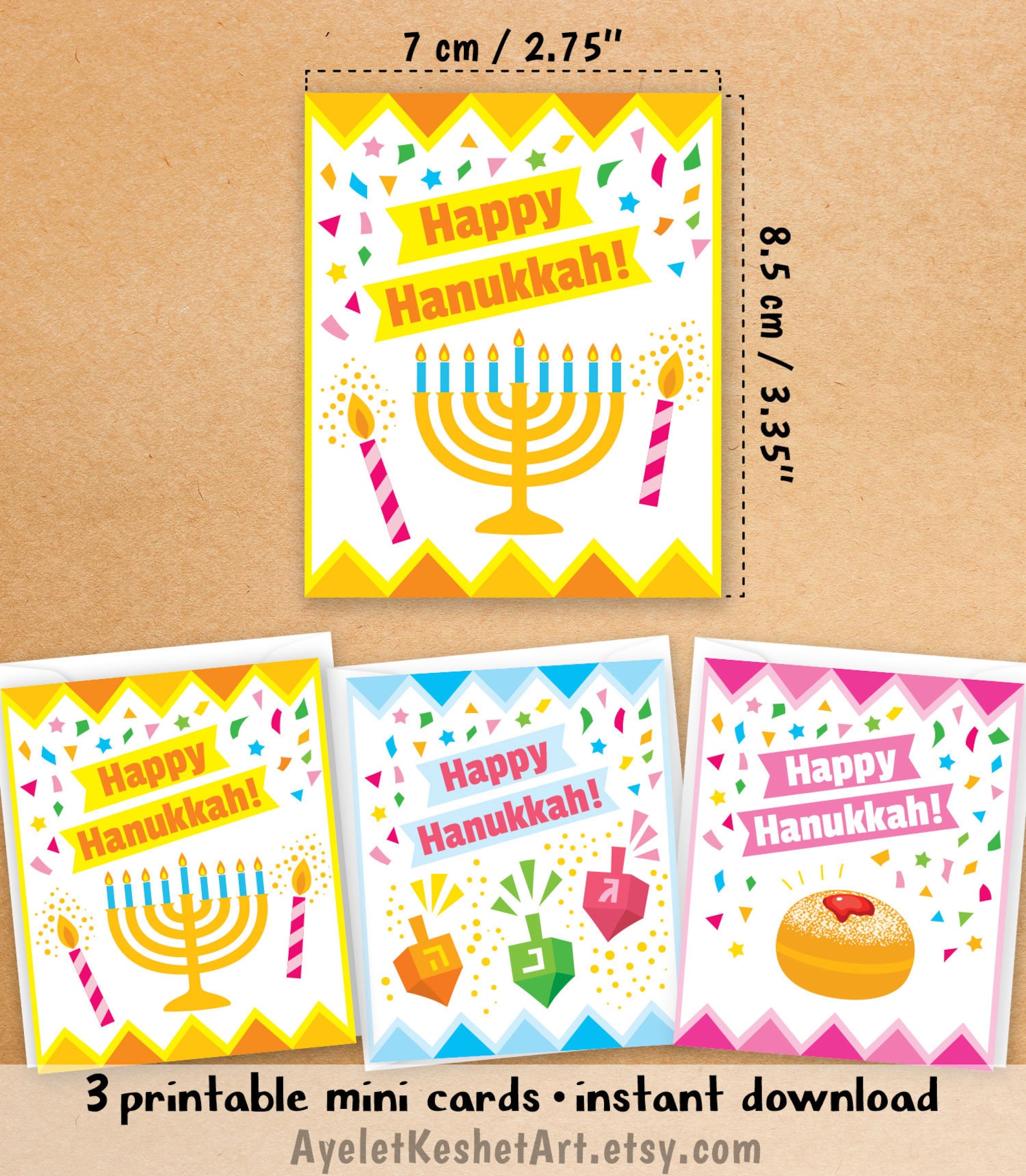 Printable Happy Hanukkah Cards. Set of 3 Mini Cards & Envelope - Etsy