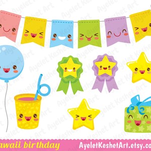 Kawaii Birthday Clipart Set. Cute Kawaii Characters of Birthday Party ...