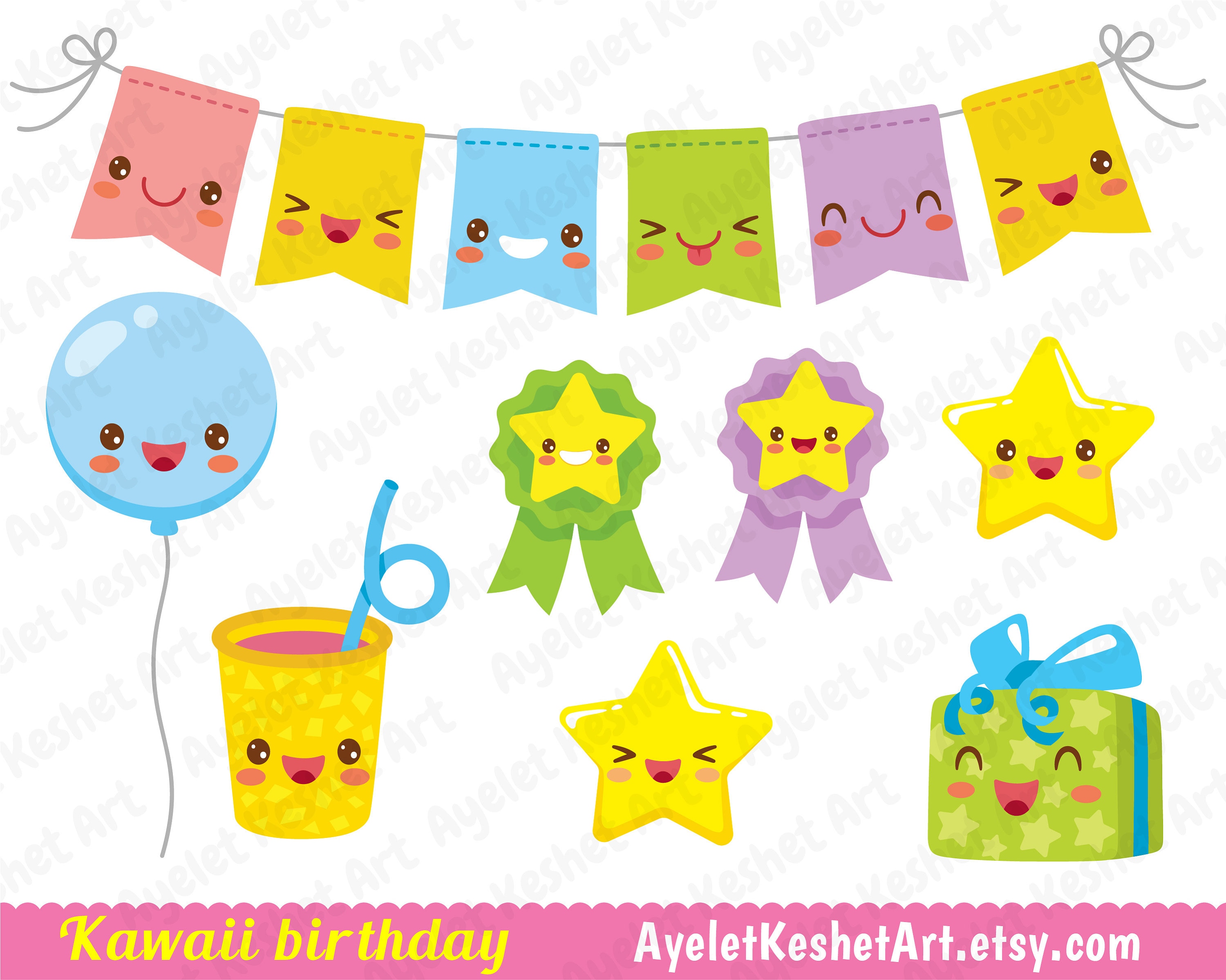 Kawaii Birthday Clipart Set. Cute Kawaii Characters of - Etsy