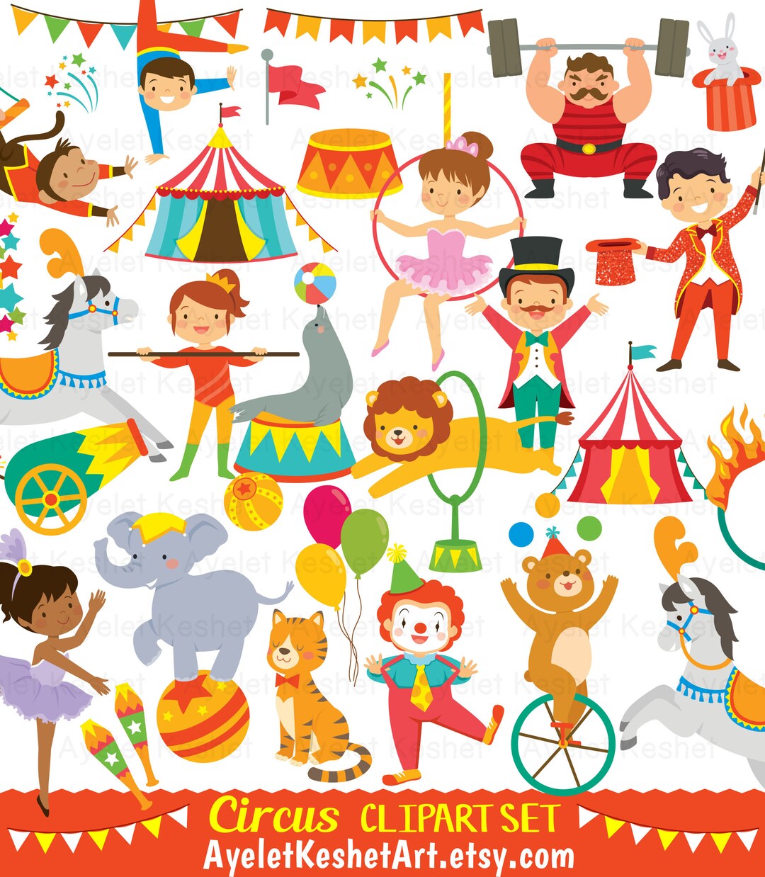 Circus Clipart Set. Cute Illustrations of Circus Animals, People and ...