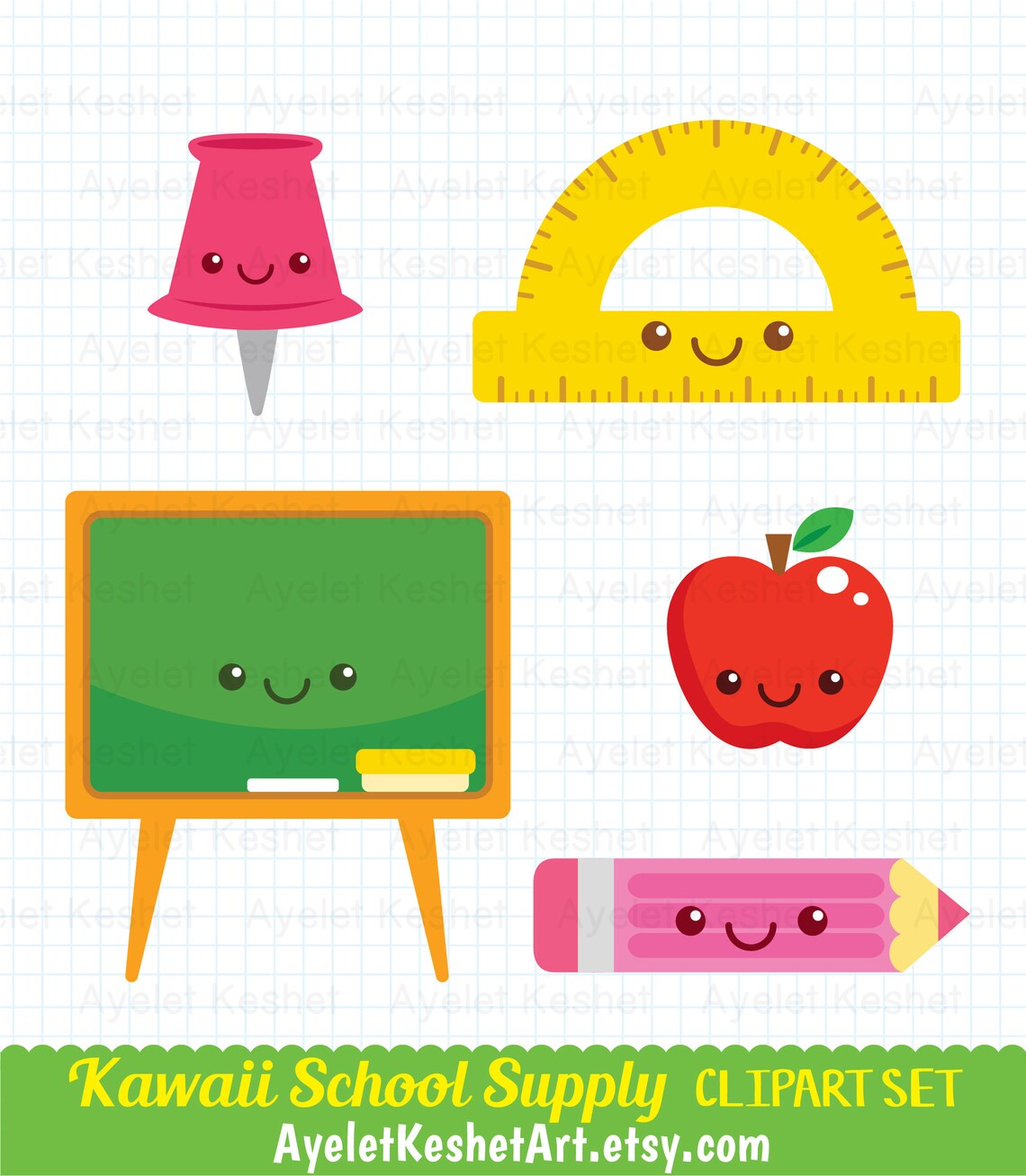 Kawaii School Clipart Set. Cute Digital Clipart Bundle for - Etsy Israel