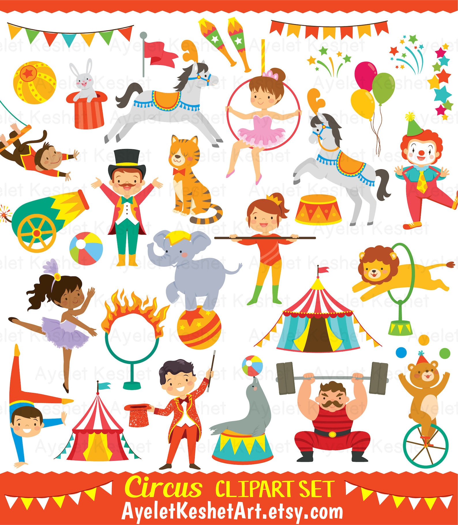 Circus Clipart Set. Cute Illustrations of Circus Animals, People and ...