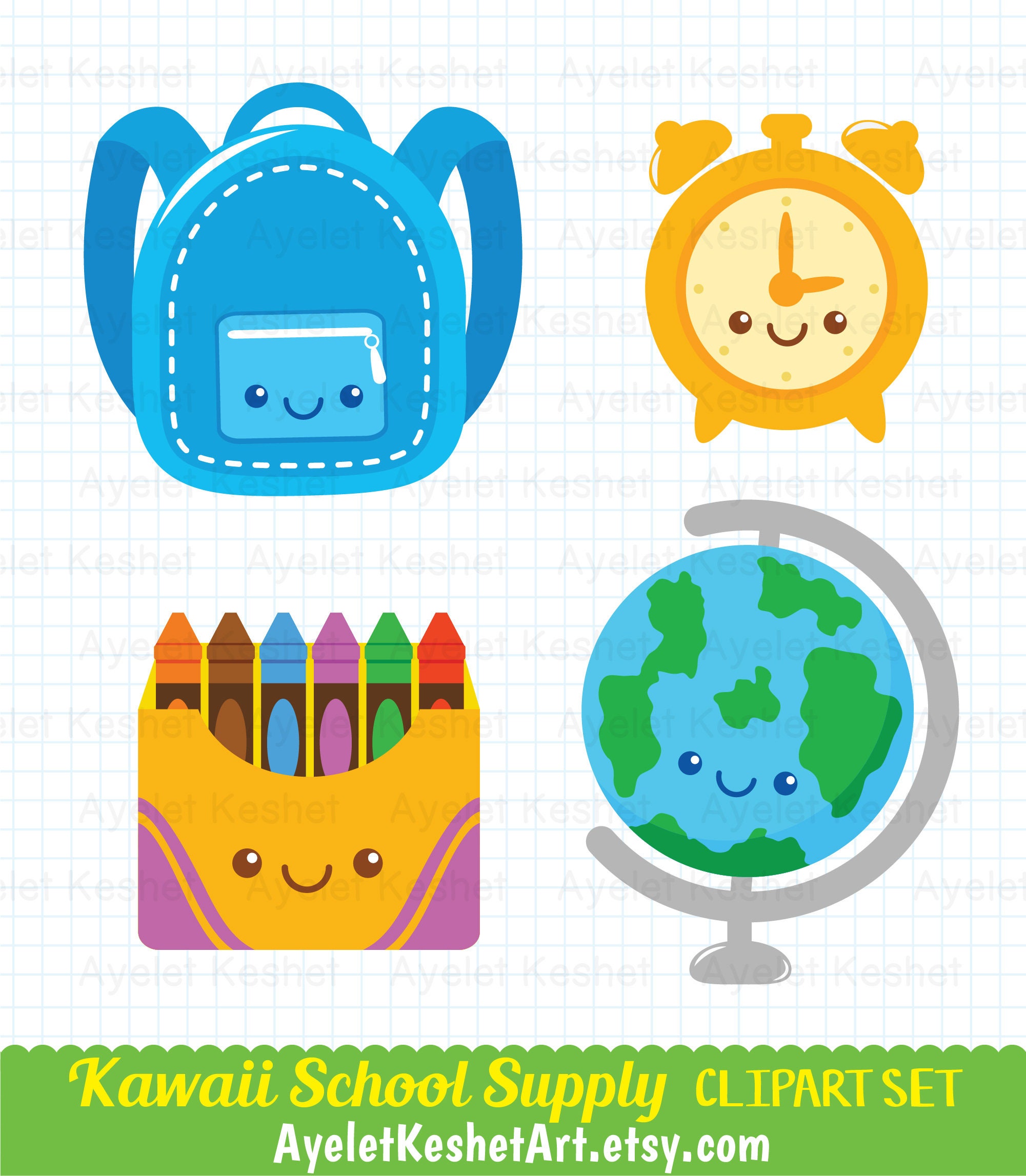 Kawaii School Clipart Set. Cute Digital Clipart Bundle for - Etsy