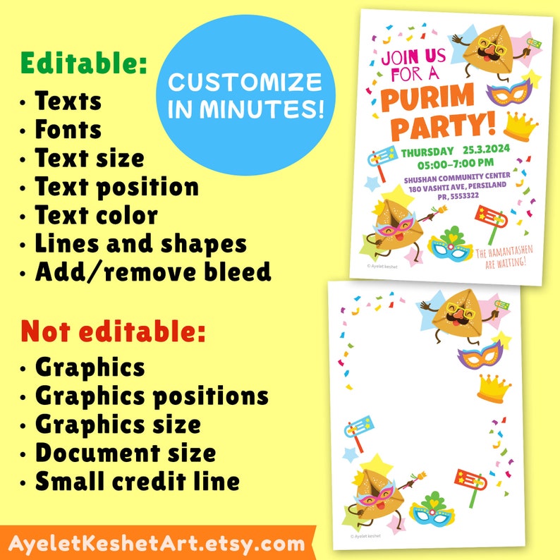 Purim Party Invitation Template - Customize Your Editable Purim ...