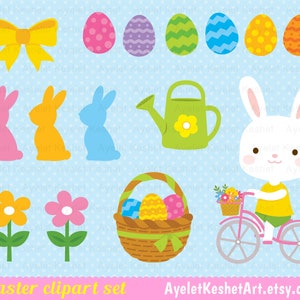 Cute Easter Clipart Bundle. Cute Easter Bunnies, Easter Eggs and Spring ...